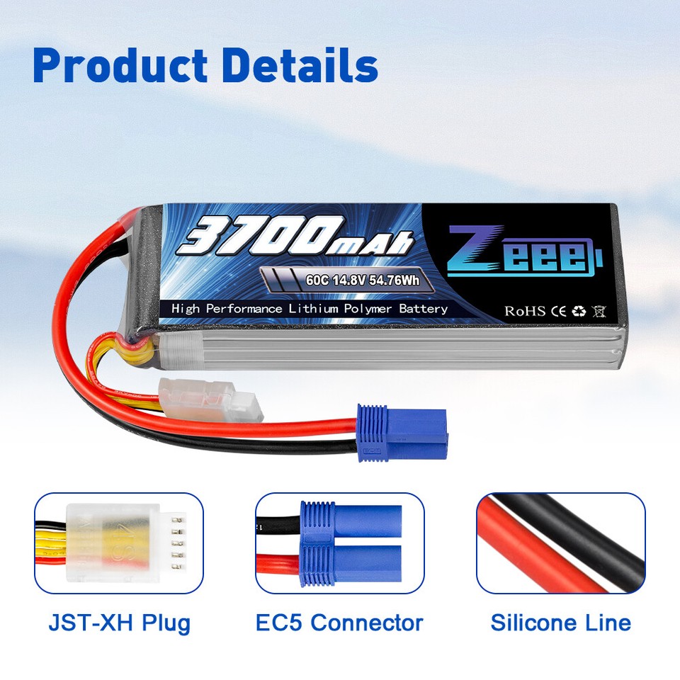 2PCS Zeee 14.8V 60C 3700mAh EC5 4S Lipo Battery for RC Helicopter Drone ...