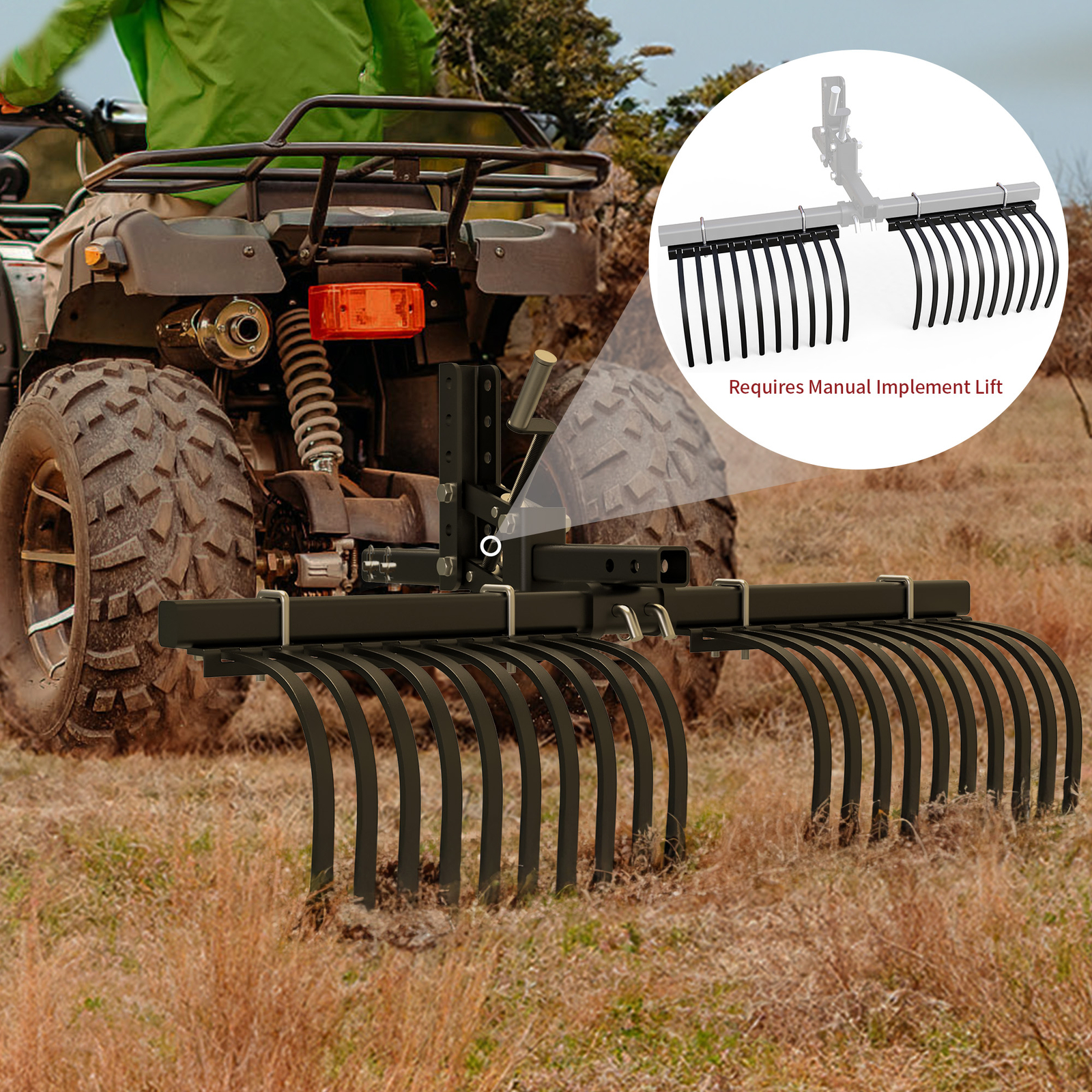 ATV/UTV Landscape Rake Implement for Removal of Rock Grass Clumps and ...