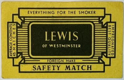 VINTAGE MATCHBOX LABEL - LEWIS OF WESTMINSTER ENGLAND UK | eBay