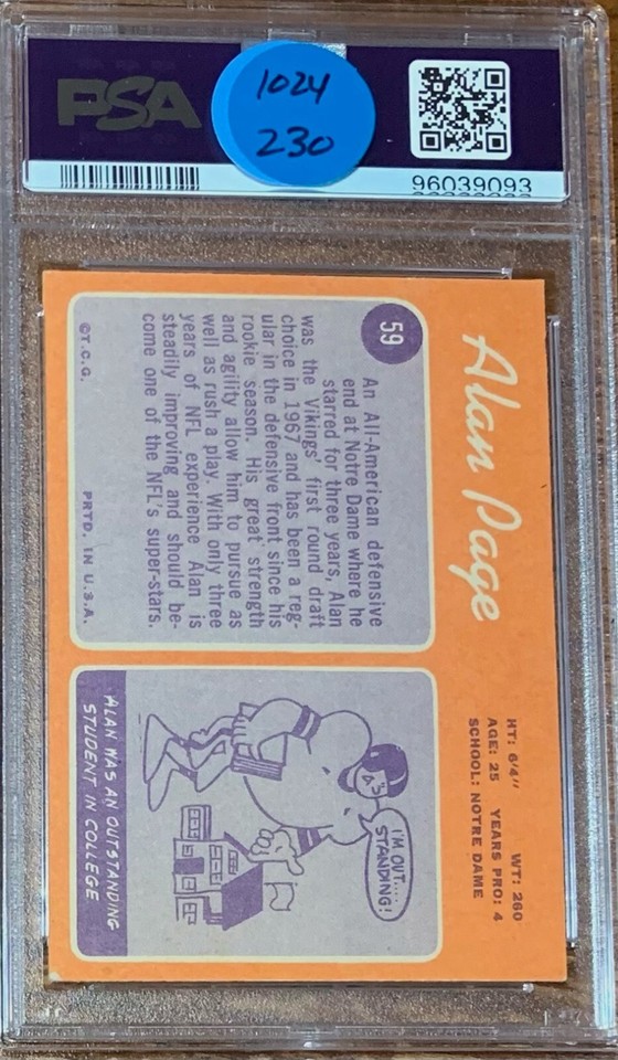 1970 Topps Football #59 Alan Page Minnesota Vikings Rookie PSA 5 Nicely ...