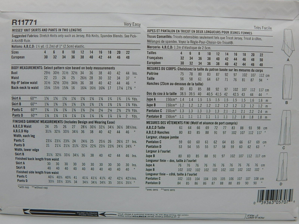 Simplicity 11771 Misses' Knit Skirts and Pants Uncut Pattern Size 4-12 ...