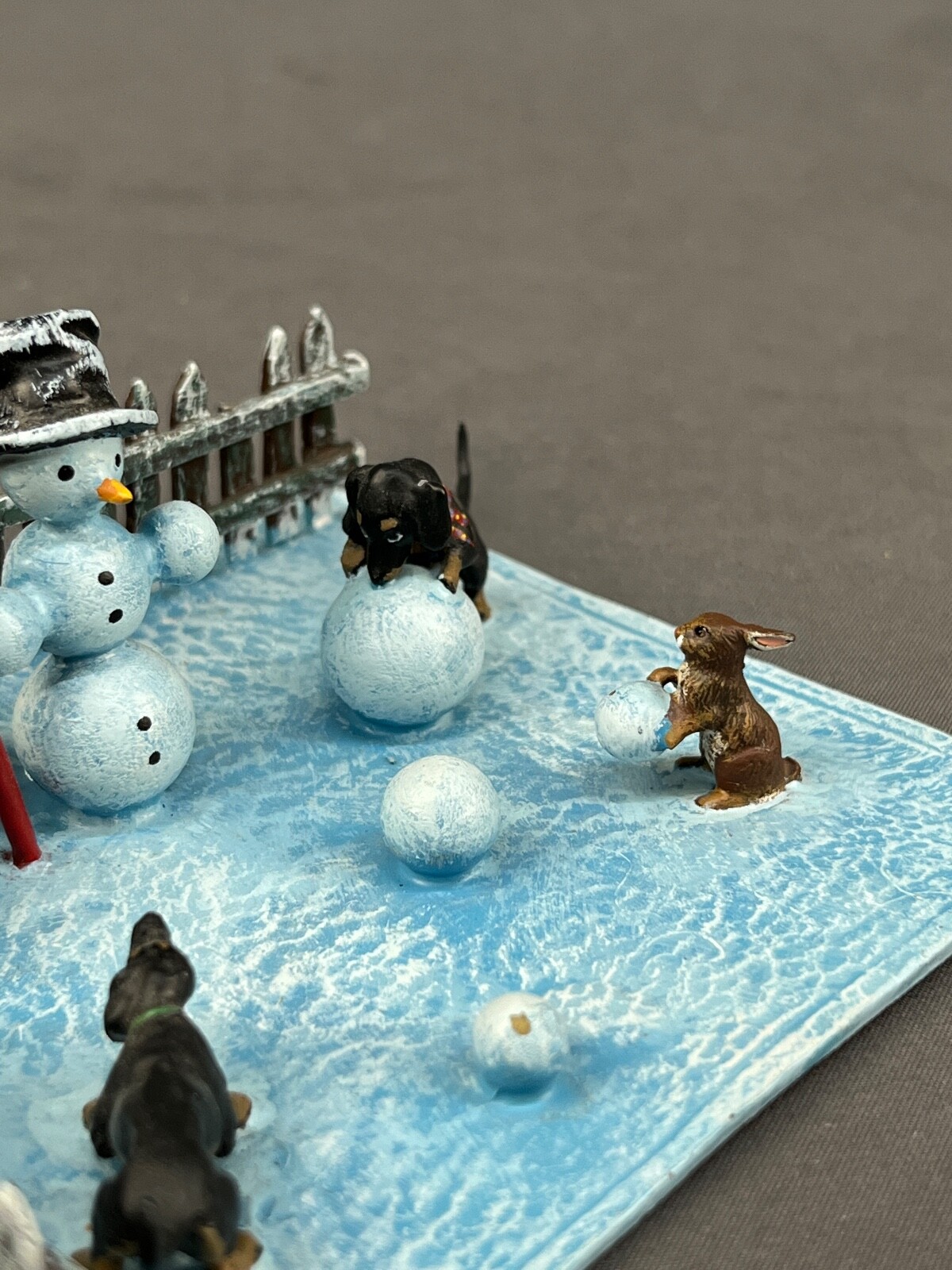 Cold Painted Bronze Diorama Miniature Winter Scene Snowman and Animals ...