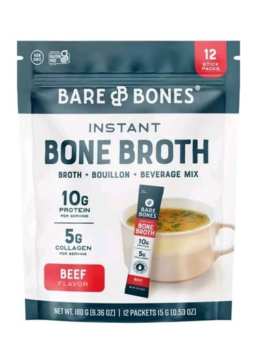 Bare Bones Instant Bone Broth Sticks Beef 12 Sticks15g Protein 5g Collagen Each | eBay