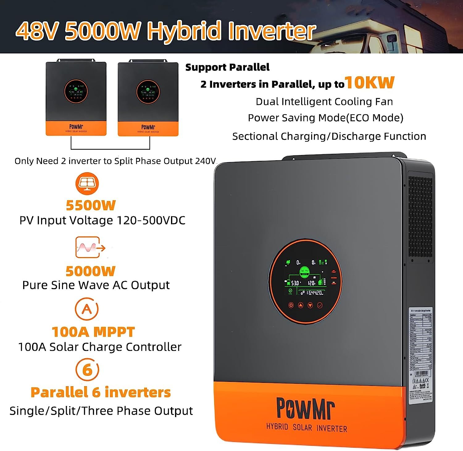PowMr 5200W 48V Hybrid Solar Inverter 110V/120V/208V/240VAC 100A MPPT ...