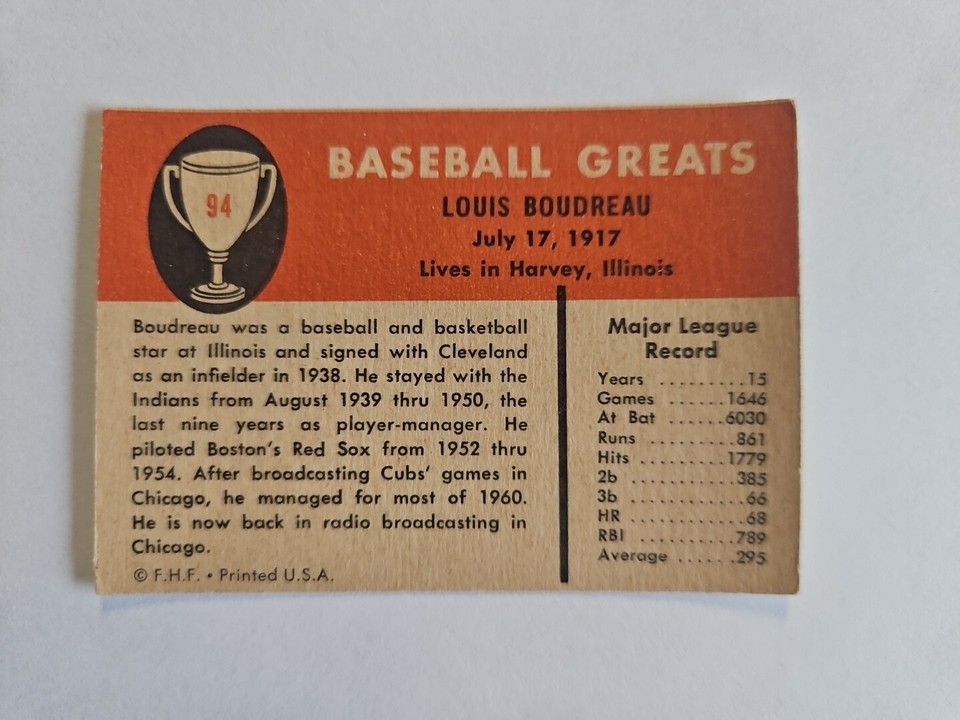 1961 Fleer Baseball Greats Lou Louis Boudreau #94 | eBay