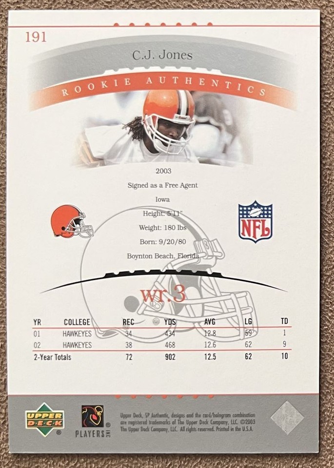 2003 SP Authentic Rookie Authentics C.J. Jones /1200 Cleveland Browns ...