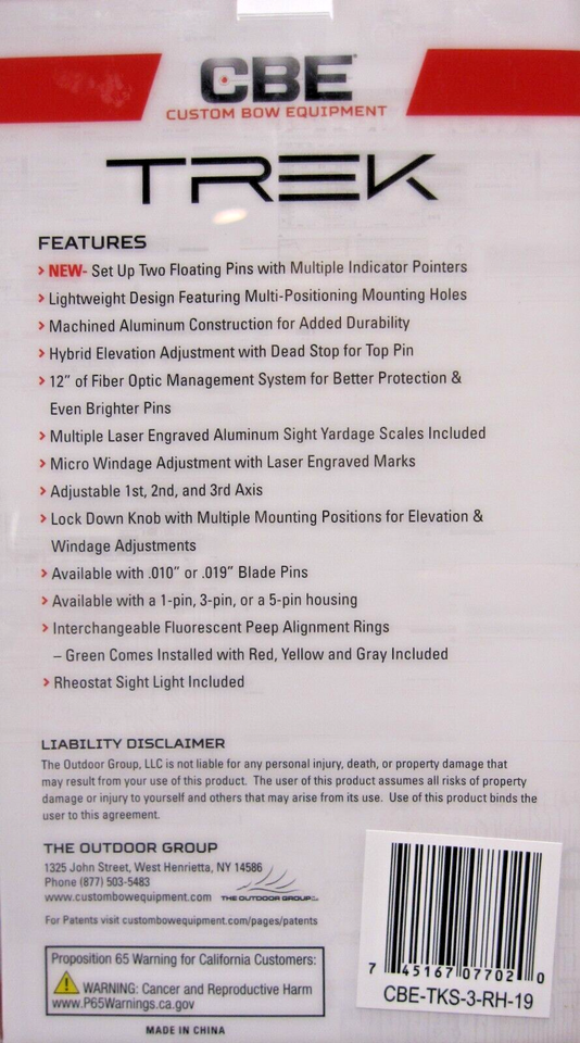 CBE Trek Archery/Hunting Sight 3 Pin Slider, .019, Right Handed- New ...