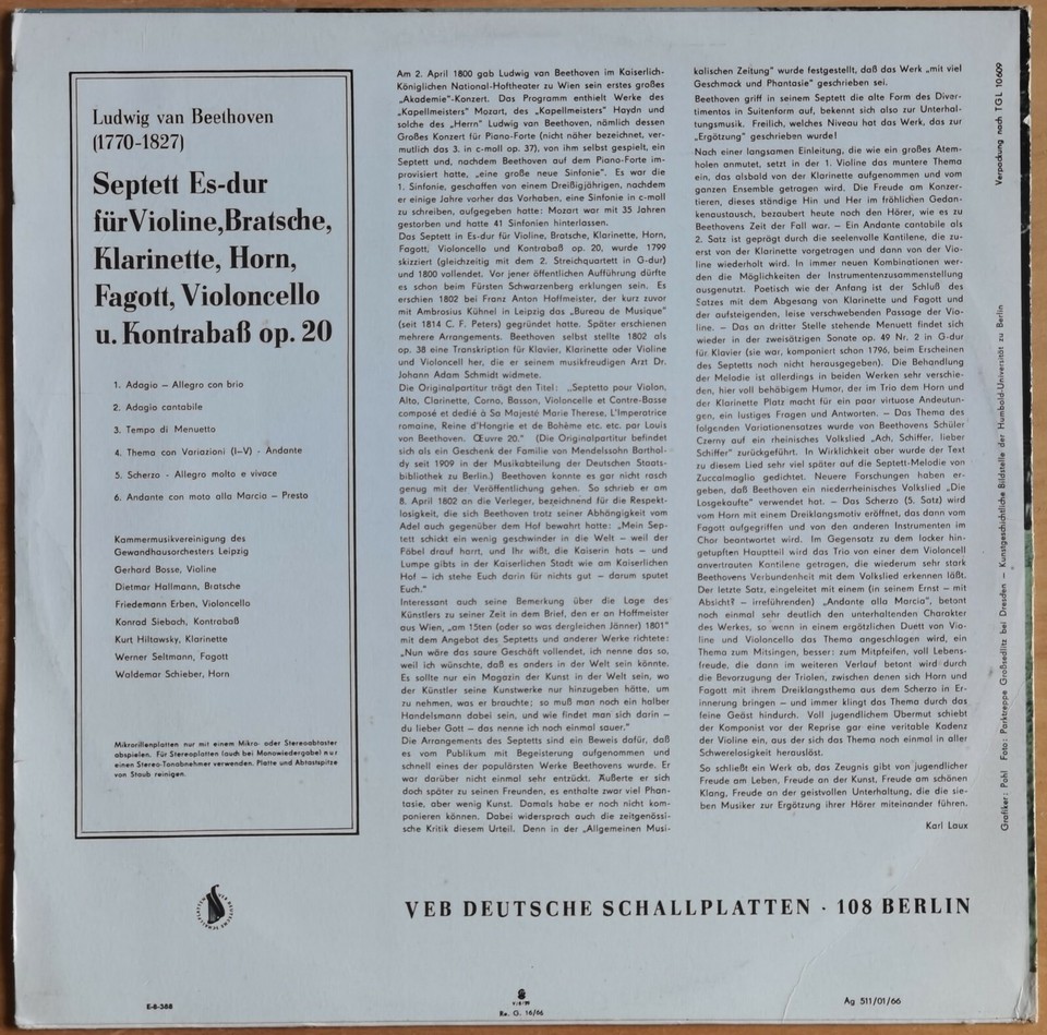 RARE BOSSE GEWANDHAUS CHAMBER BEETHOVEN SEPTET OP 20 LP ETERNA 825549 ...
