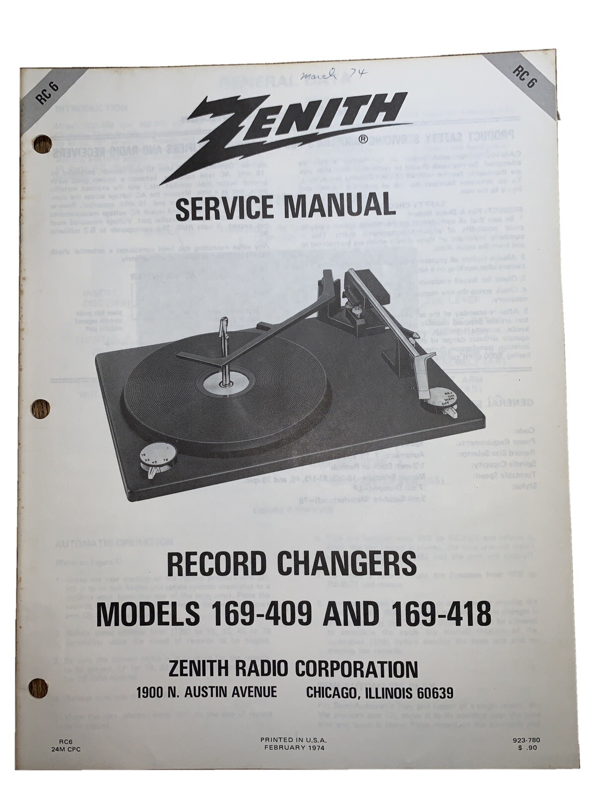 Zenith Service Manual RC 6 Record Changers 169-409, 418 | eBay