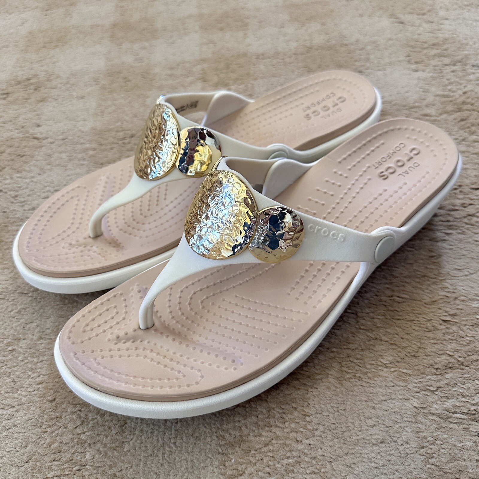 CROCS SANRAH EMBELLISHED WHITE FLIP FLOP SANDALS W/ G… - Gem