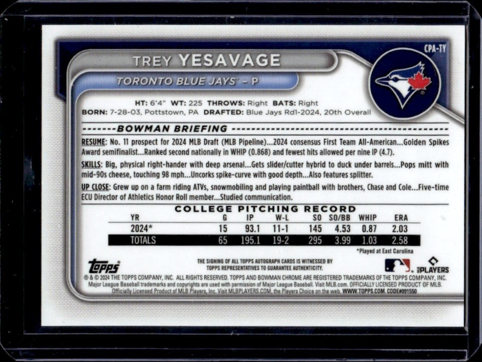 2024 Bowman Draft Trey Yesavage Chrome Auto 1st Prospect #CPA-TY Blue ...