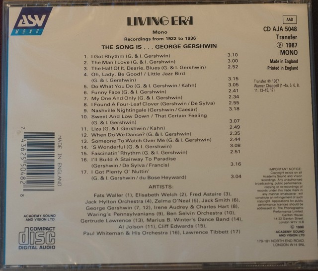 RARE Song Is Gershwin ASV 17 Tracks CD 50 Mins MINT AAD 1987 Mono for ...