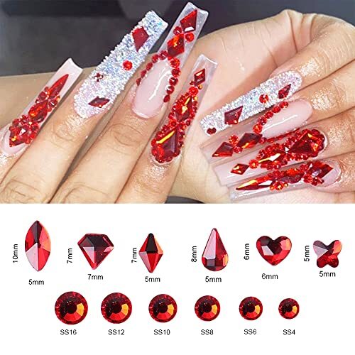 Red Acrylic Nails With Rhinestones