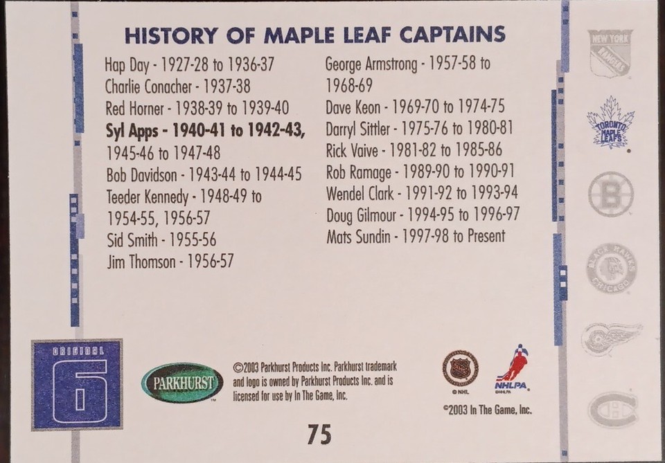 2003 - 2004 Parkhurst Syl Apps Original Six Maple Leafs #75 Hockey Card ...
