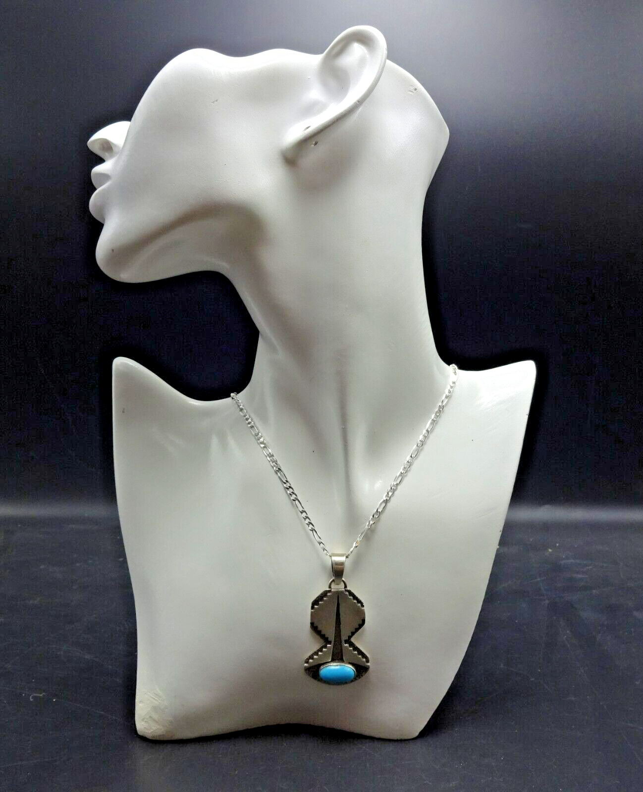 TOMMY JACKSON Navajo TURQUOISE Sterling Silver PENDANT + 18" 925 Figaro ...