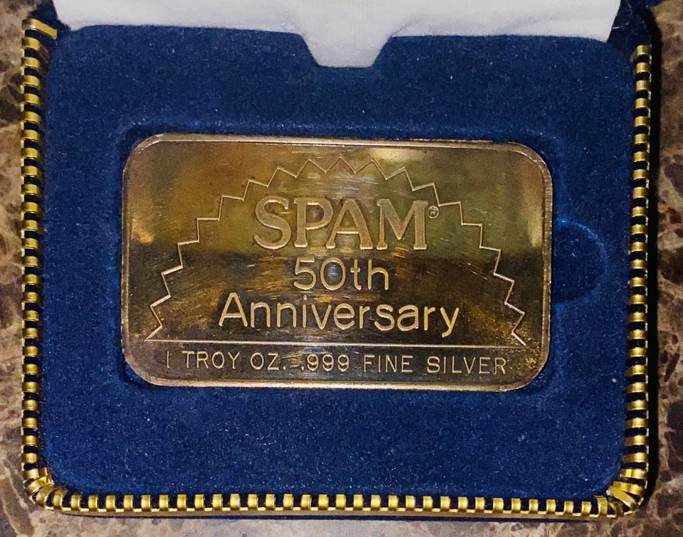 RARE SPAM 50th Anniversary 1 Troy Oz 999 Silver Bar Golden State Mint ...