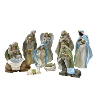 Nativity Set 11pc Resin Soft Blue Green 24cm Christmas Decoration ...