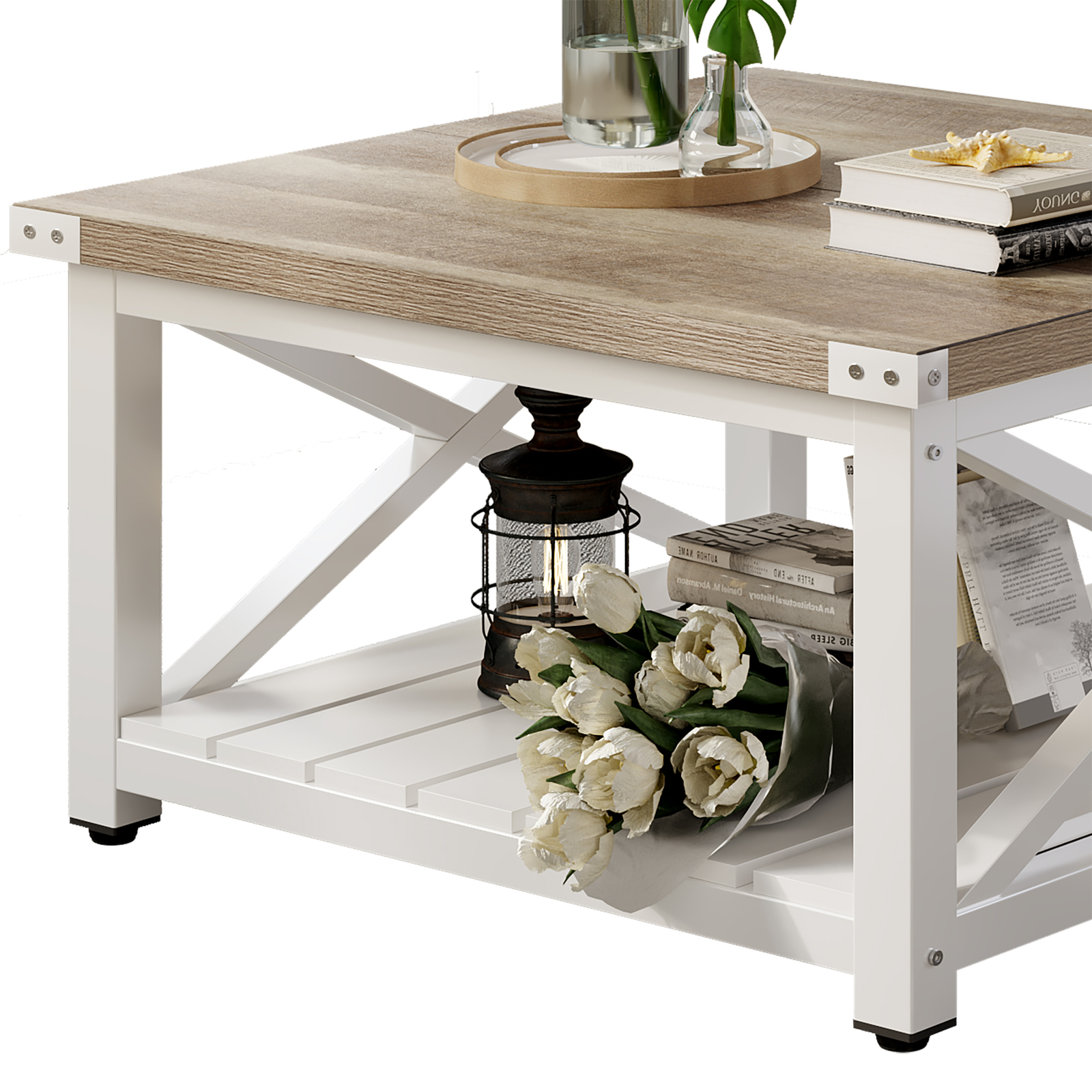 Modern Farmhouse Coffee Table Wood Square Center Table with Open ...