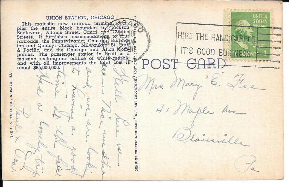 1949 Postmark Vintage Linen Postcard 143 -- UNION STATION, Chicago ...