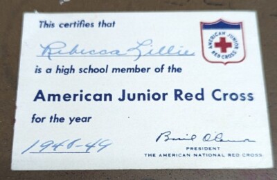 1948/49 American Red Cross Junior Red Cross Membership Card High School ...