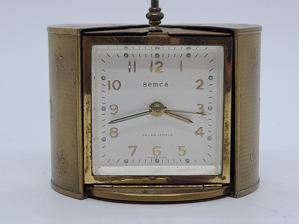 Vintage SEMCA Brass Carriage Clock Style Cylindrical Hinged Alarm Clock ...