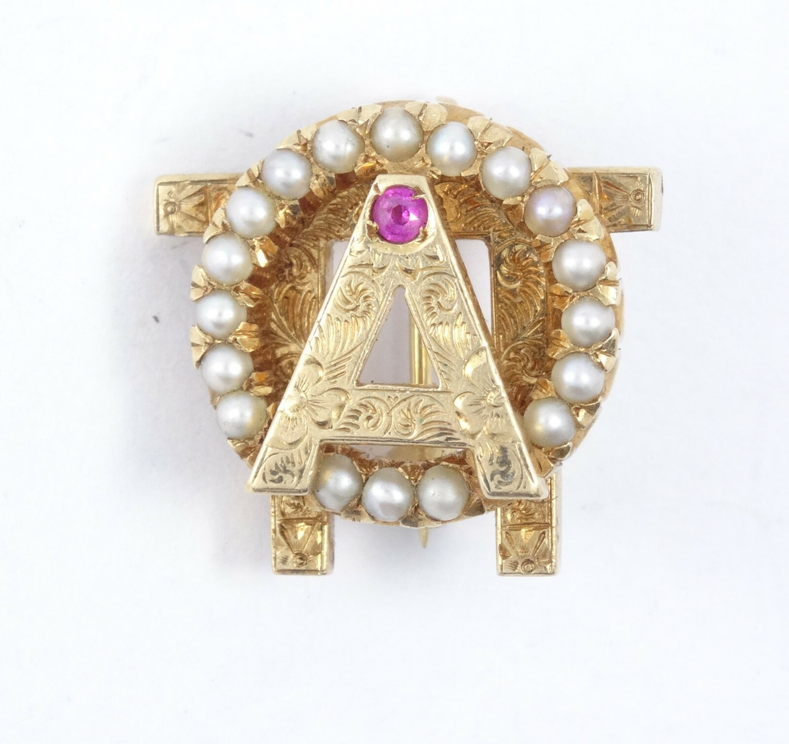 SOLID 14K GOLD ALPHA OMICRON PI SORORITY RUBY & PEARLS PIN BADGE ~ 5/8 ...