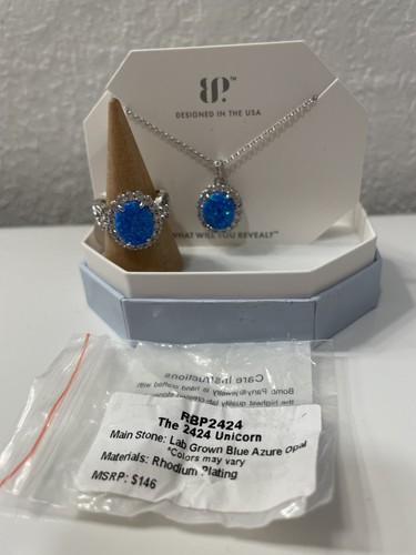 Bomb Party The 2424 Ring Necklace Set Lab Azure Blue Opal Rhodium ...