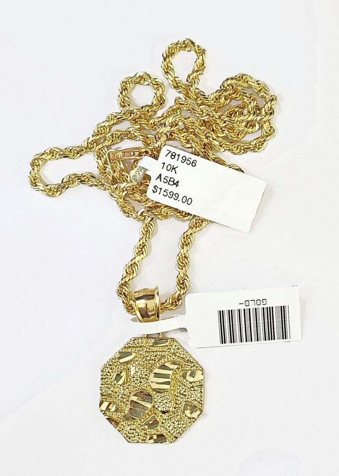 10k Gold Rope Chain & Octagonal Nugget Charm Pendent SET 3mm 22Inches ...