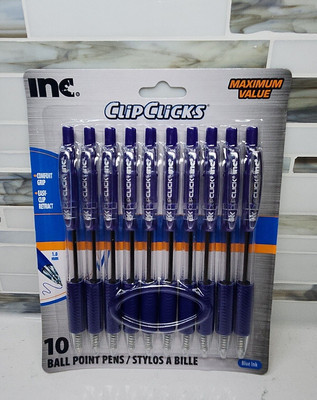 Inc® Clip Clicks™ Retractable Ball Point Pens 1.0mm 10 Pens ~ Blue Ink ...