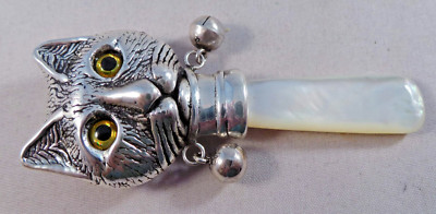 VERY NICE MODERN STERLING SILVER & MOTHER OF PEARL CAT BABY RATTLE. | eBay