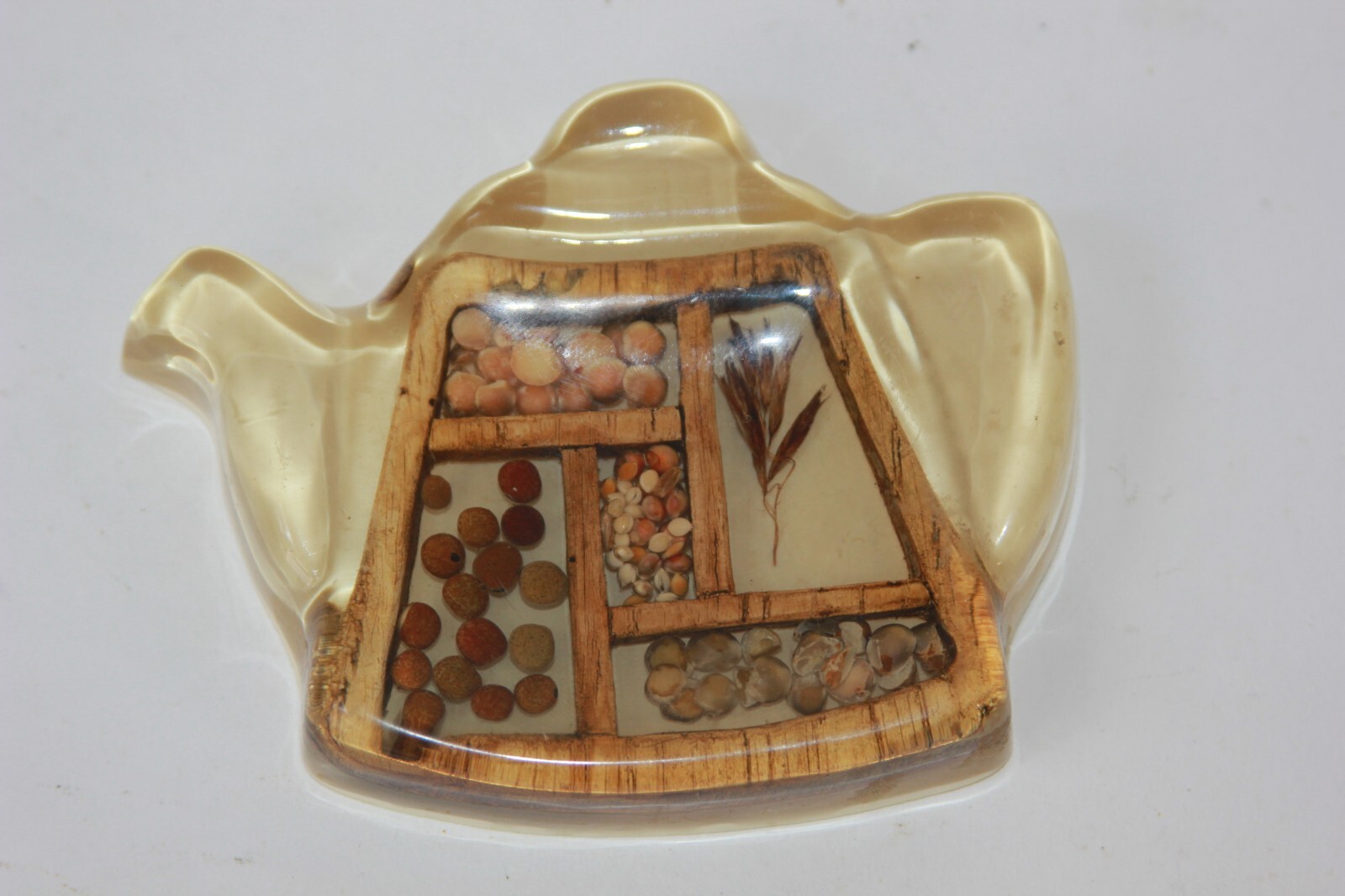 Vtg clear resin TEAPOT shaped paper weight with dry grain seeds wheat ...