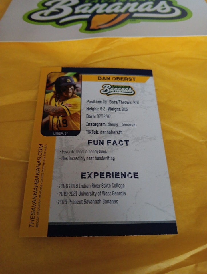 Dan Oberst #17 2023 CHOICE BASEBALL CARD SAVANNAH BANANAS FREE SHIPPING ...