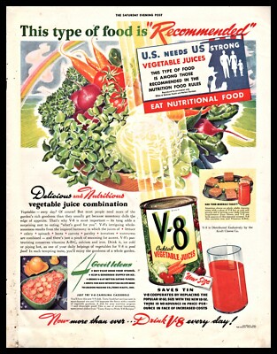 1942 WWII V-8 Vegetable Juice Vintage Food AD Wartime eat nutritional ...