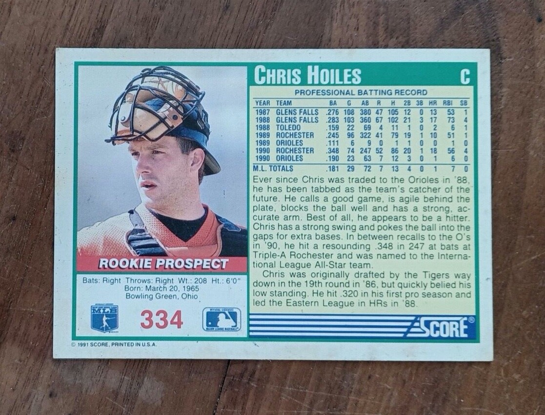 Chris Hoiles, Baltimore Orioles, Score'91 Rookie Prospect Baseball Card ...