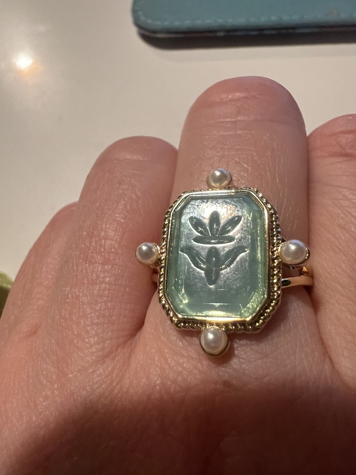 Museum Edwardian Intaglio Ring Size 8 Green Pearl Gold Cameo Flower Aqua Blue | eBay