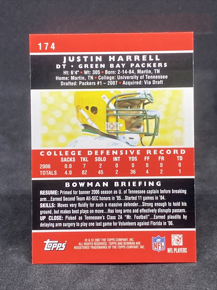 JUSTIN HARRELL 2007 Bowman Football Rookie RC #174 PACKERS | eBay