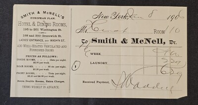 1906 Smith & McNell Hotel & Dining Rooms Billhead Receipt Detailed ...