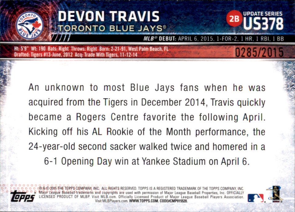 2015 Topps Update Devon Travis #d /2015 Gold Parallel Rookie RC Blue ...