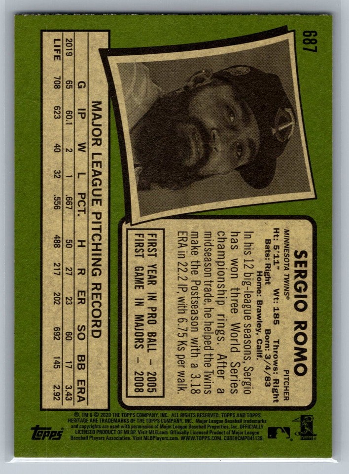 2020 Topps Heritage Baseball #687 Sergio Romo Minnesota Twins | eBay