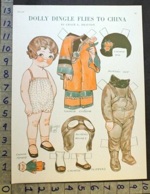 1928 DOLLY DINGLE CHINA AVIATOR HELMET GRACE DRAYTON PAPER DOLL PRINT ...