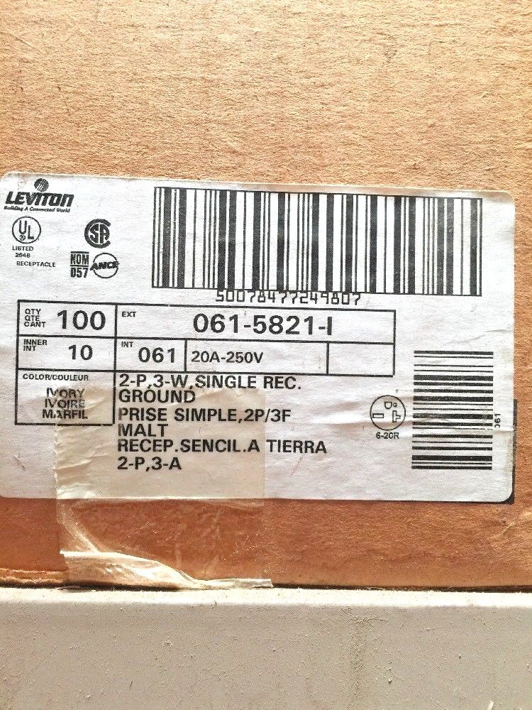 (K) Leviton 2-P,3-W, Single Receptacle 5821-I (IVORY) Box Of 100 NEW ...