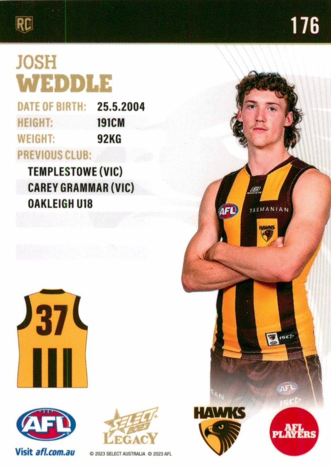 Signed 2023 Hawthorn Hawks AFL Select Legacy Rookie Card - Josh Weddle ...
