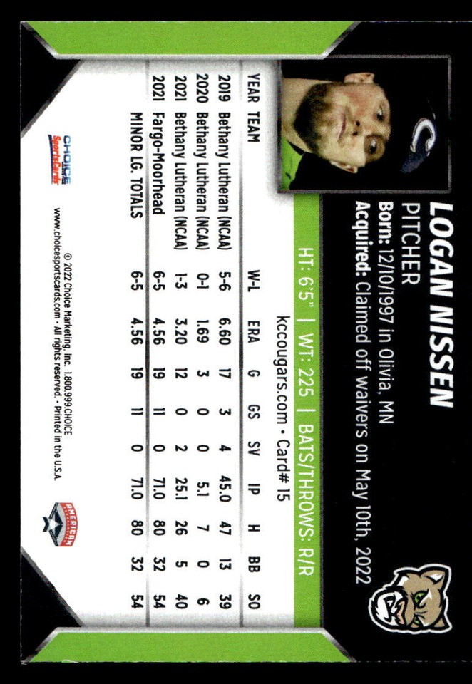 Logan Nissen 2022 Kane County Cougars #15 Kane County Cougars | eBay