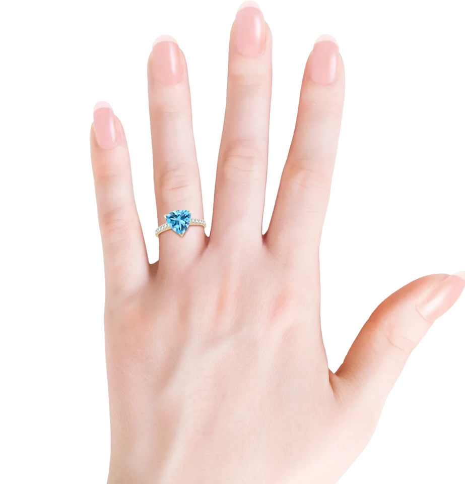 14K Solid Gold Swiss Blue Topaz and Diamonds Cocktail Ring Trillion Cut ...