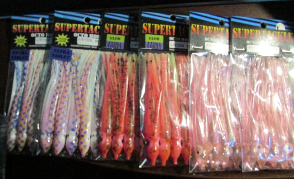 30Pc NEW Supertackle 4¾" Salmon Hoochies - Pinks - High UV Patterns | eBay