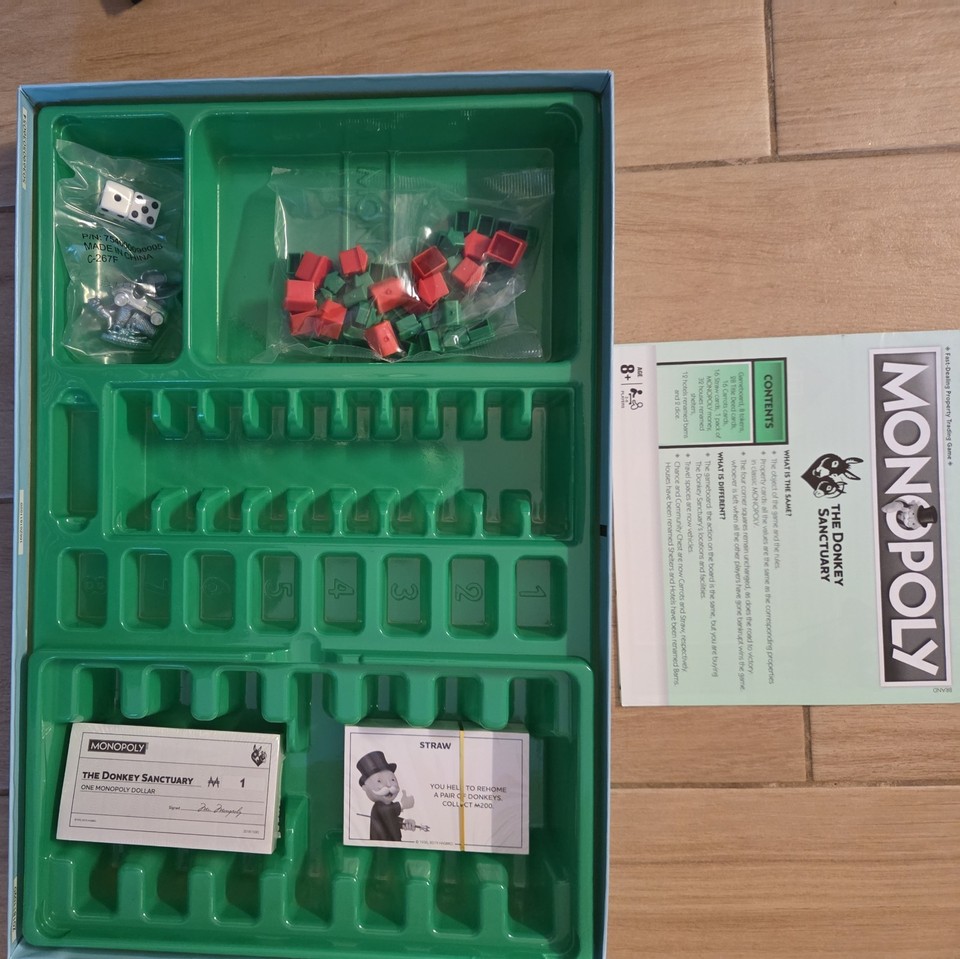 Monopoly The Donkey Sanctuary Edition Board Game, inside everything is ...