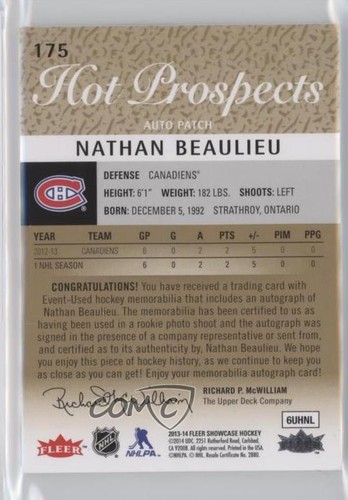 2013-14 Fleer Showcase /375 Nathan Beaulieu #175 RPA Rookie Patch Auto ...