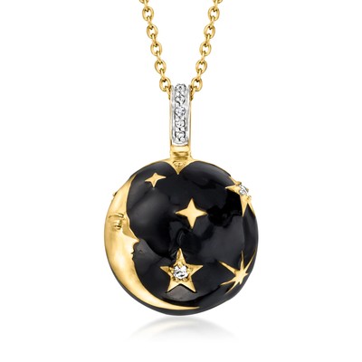 Ross-Simons Blck Enam & WTpz Moon & Stars Ball Ncklc in 18k Gold Plate ...