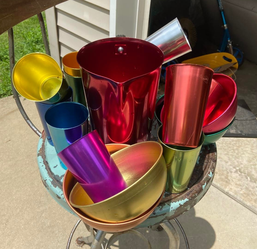 17 PC Vintage Bascal Italy Pitcher Tumblers Bowls MCM Aluminum 12 Cups ...