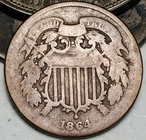 1864 Two Cent Piece 2C Civil War Date Large Motto US Copper Coin ...